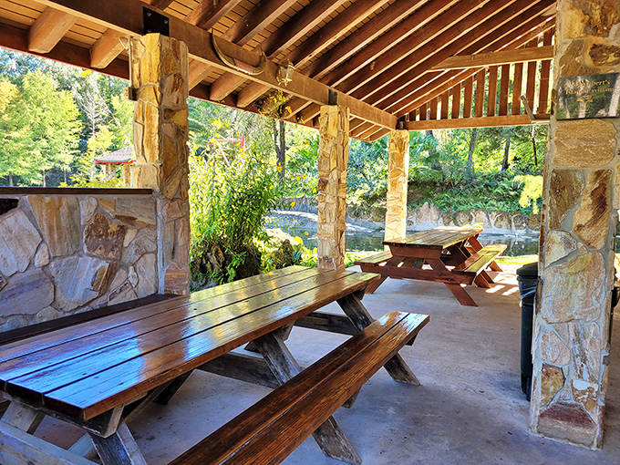 This rustic pavilion offers more than just shelter &ndash; it provides the perfect spot to savor both your picnic and the breathtaking views.