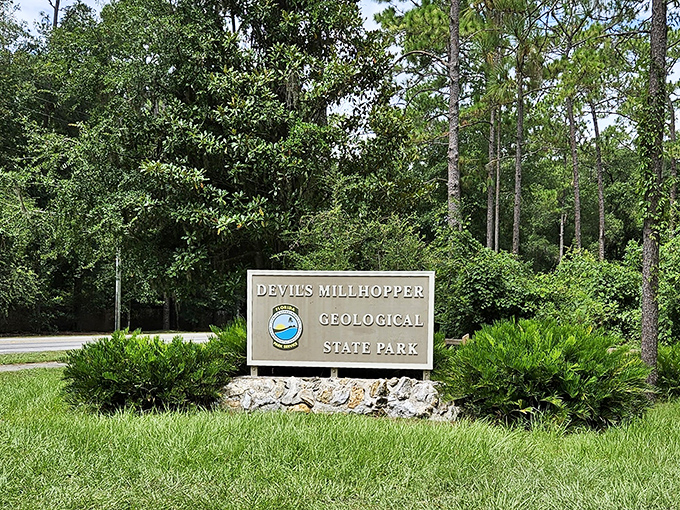 The iconic Devil's Millhopper sign &ndash; your first clue that this isn't your average Florida tourist trap.