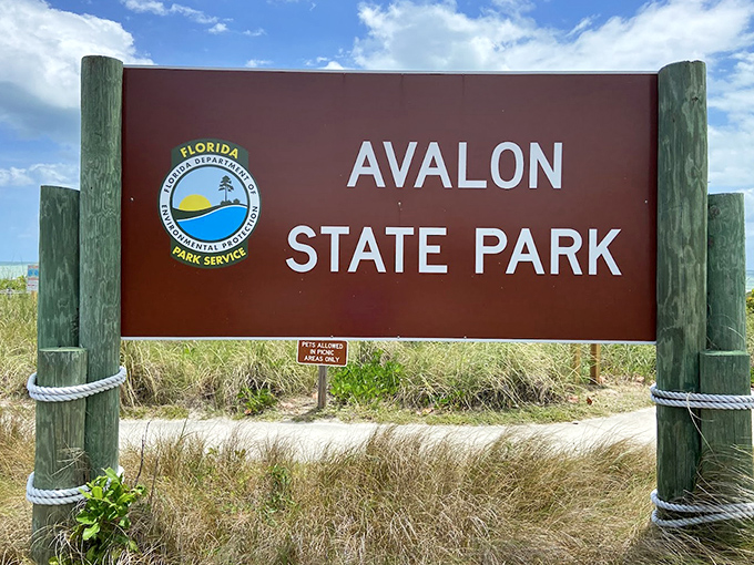 The understated entrance sign that doesn't begin to hint at the natural splendor waiting beyond. Florida's best-kept coastal secret stands revealed.