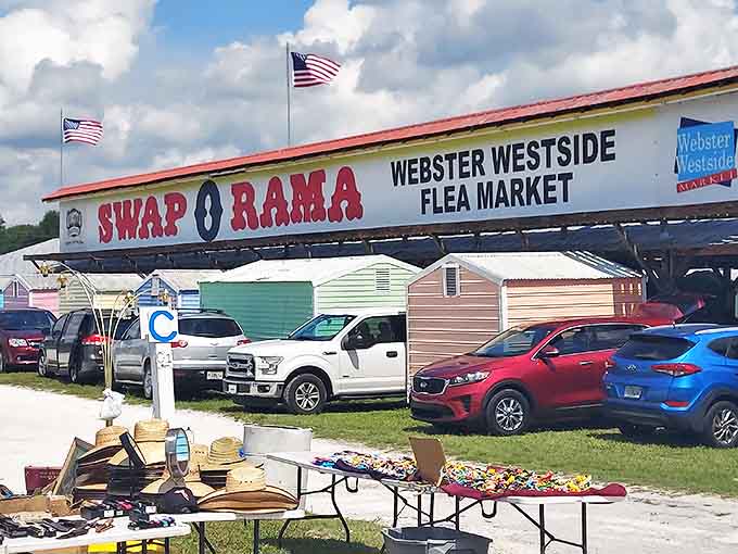 The unmistakable Swap-O-Rama sign welcomes Monday treasure hunters to this Florida institution, where decades of bargain hunting traditions continue weekly.