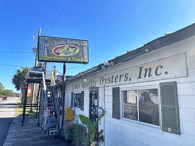 Lynn's Quality Oysters stands proudly along Highway 98, its weathered white exterior and vintage sign promising authentic seafood treasures within.
