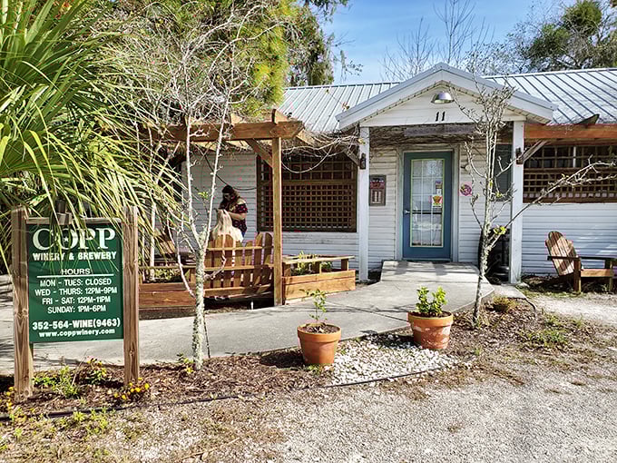 The cozy entrance of Copp Winery invites visitors to step into a world where handcrafted wines and friendly faces create the perfect tasting experience.