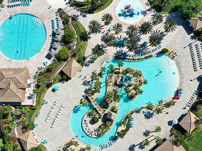From above, the pool complex looks like someone designed the ultimate backyard and then supersized it for maximum fun.