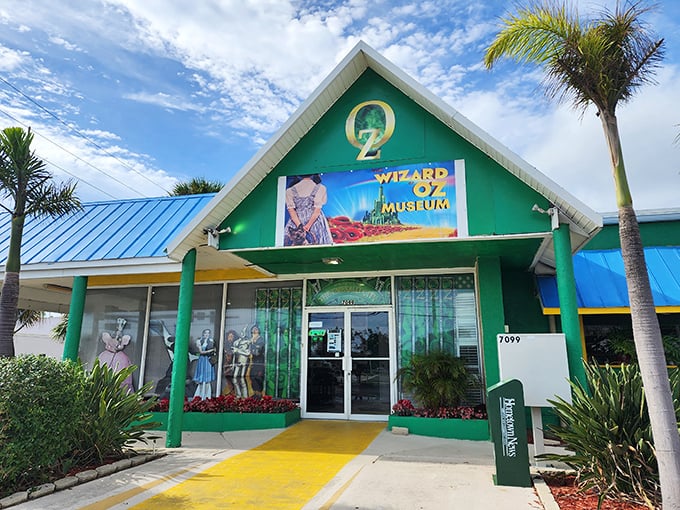 The yellow brick road starts in the parking lot, proving that sometimes the journey really does begin with a single step, or in this case, a painted parking space.