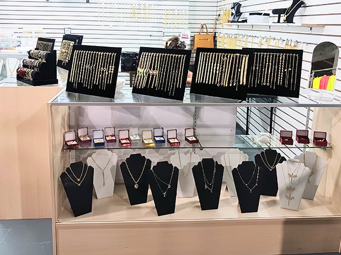Glittering displays of gold chains, pendants, and rings await treasure hunters looking for that perfect piece of affordable bling.