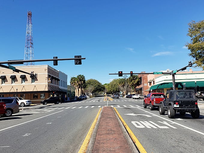 Downtown Dade City's brick-paved streets and traffic lights frame a scene that feels delightfully frozen in time.