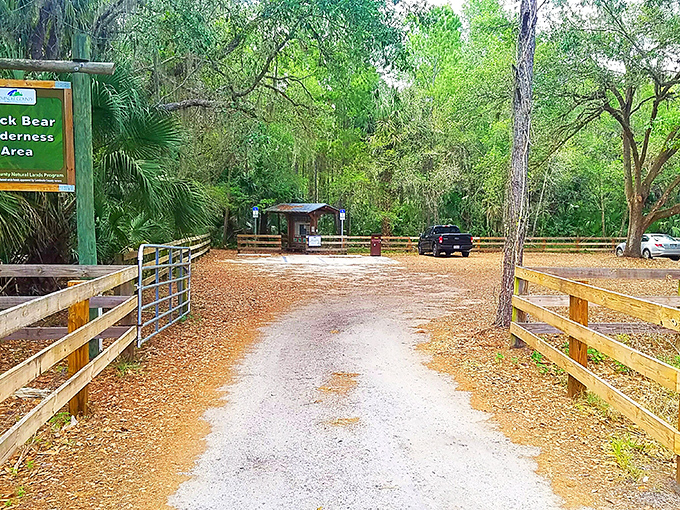 The entrance to Black Bear Wilderness Area welcomes hikers with rustic charm and the promise of untamed Florida just beyond.
