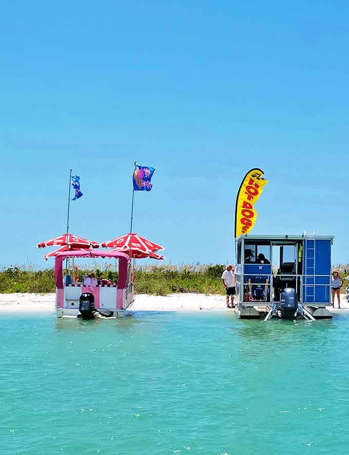 Multiple floating vendors create a maritime food court where the dress code is "swimsuit optional" and shoes are definitely not required for service.