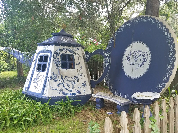 Not your grandmother's tea set! This giant blue and white teapot sculpture proves everything's bigger in the artist's imagination.