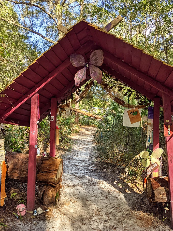 Step through the enchanted gateway, where a butterfly decoration watches over all who enter this whimsical realm of imagination.