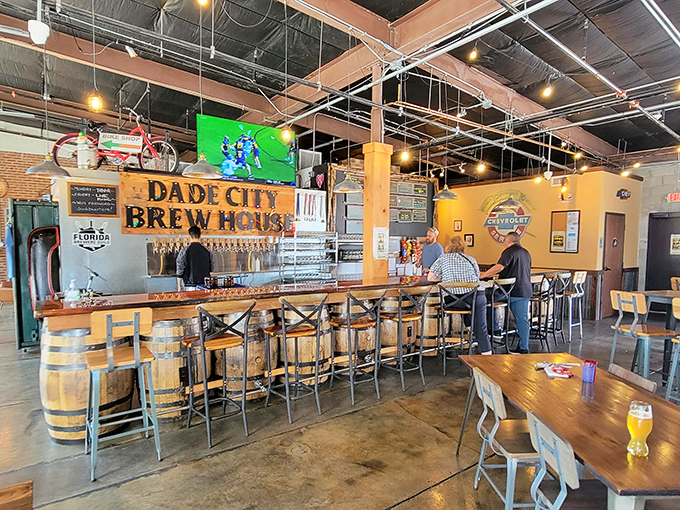 Inside the Brew House, barrel-themed bar stools invite you to belly up for a flight of locally crafted beers.