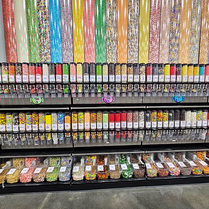 A candy lover's paradise awaits with wall-to-wall dispensers offering a rainbow of sweet temptations that would make Willy Wonka jealous.