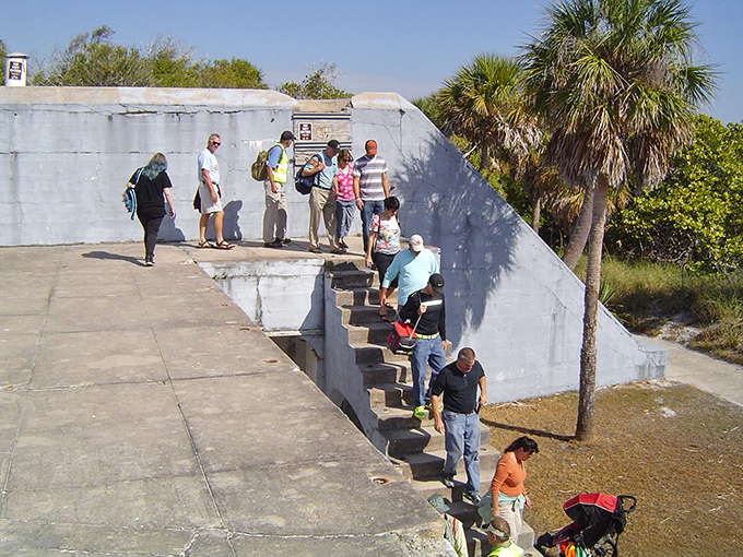 History enthusiasts explore Fort Dade's remnants, where military precision has given way to nature's more organic designs.