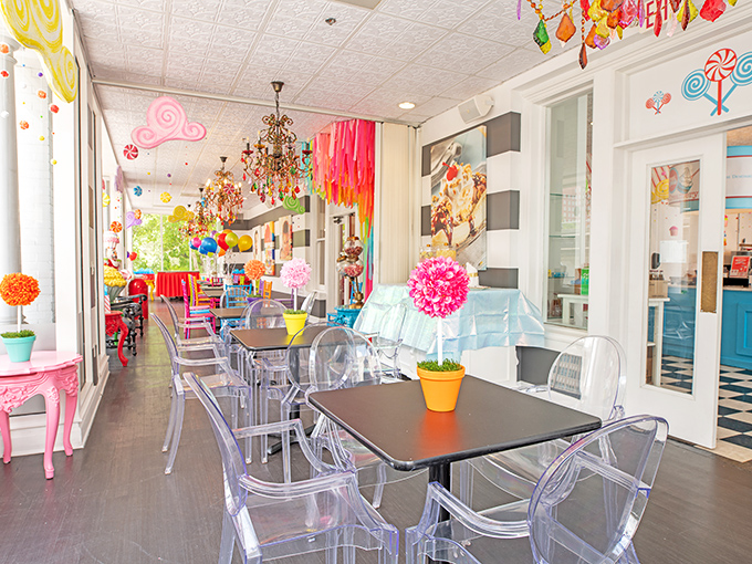 Clear ghost chairs and vibrant decorations create a dining space where even the most serious adults can't help but smile.