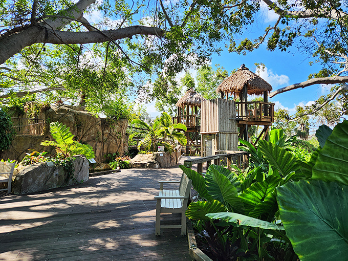Adventure awaits in the Children's Rainforest Garden, where treehouses and rope bridges turn botanical education into a jungle expedition.