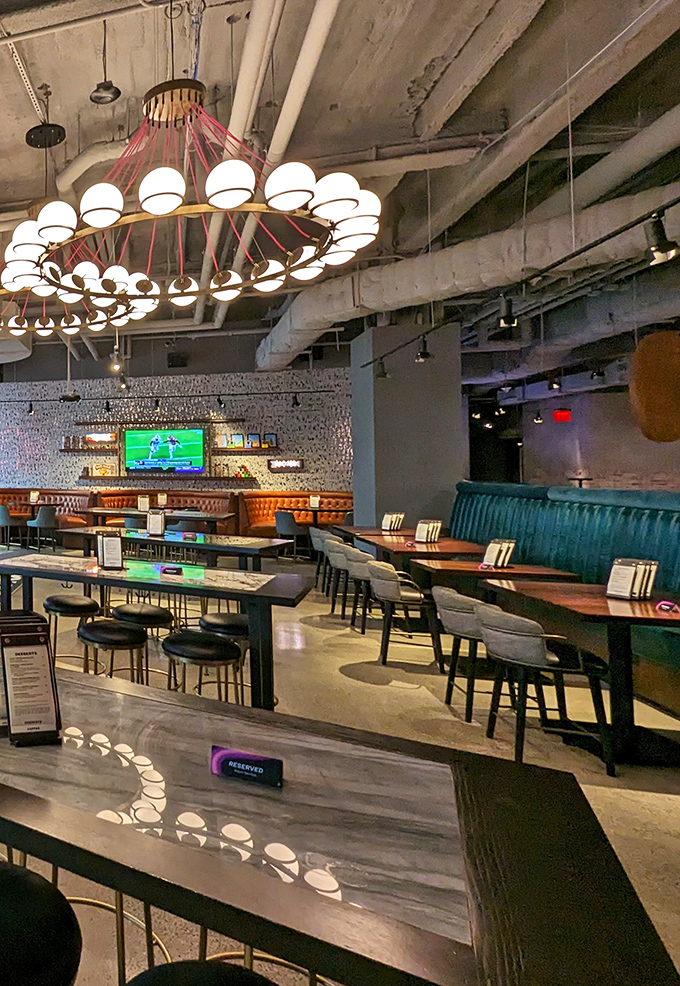 Between rounds, the stylish restaurant area provides a perfect pit stop. Those elegant chandeliers didn't exactly come from the mini-golf decor catalog.