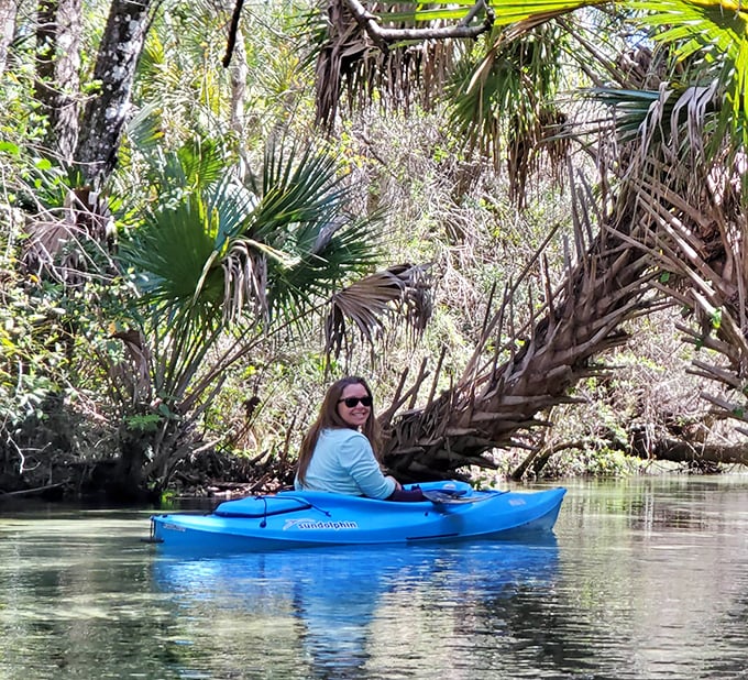 Kayaking through Juniper Run feels like navigating a liquid jungle, where fallen palms create natural obstacles and every turn reveals new wildlife.