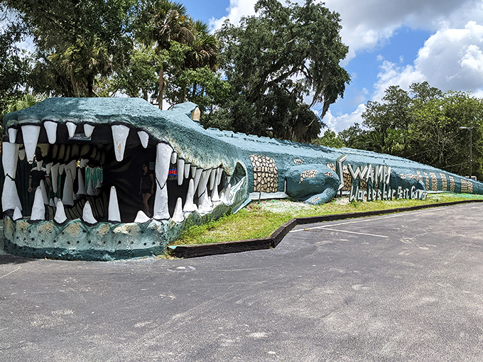 Swampy, the world's largest alligator-shaped building, welcomes visitors with jaws wide open &ndash; Florida kitsch at its finest!