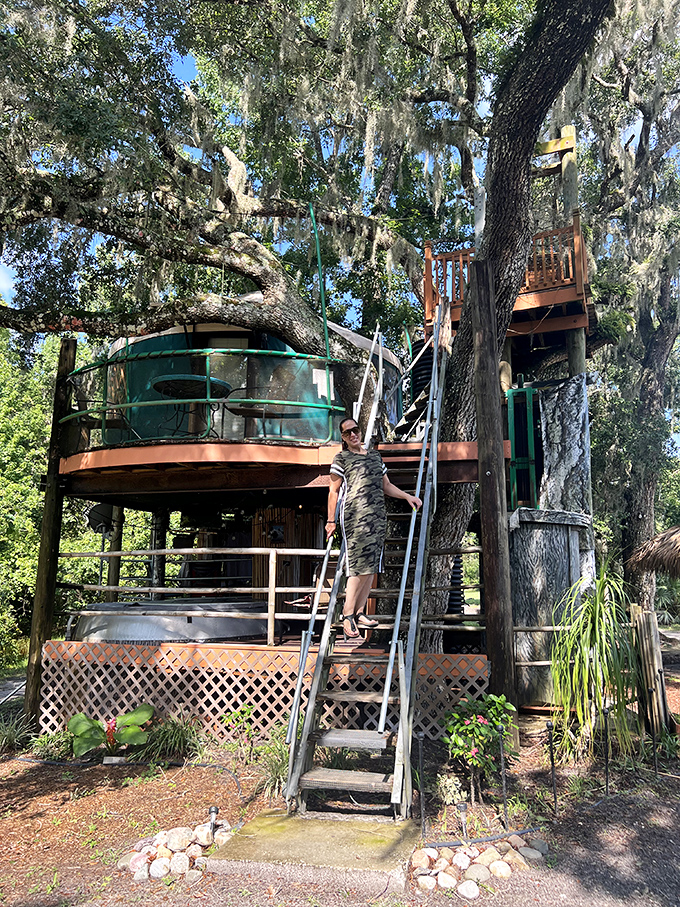 Scaling new heights! The metal staircase invites adventurers upward into a world where adulting takes a backseat to childlike wonder.