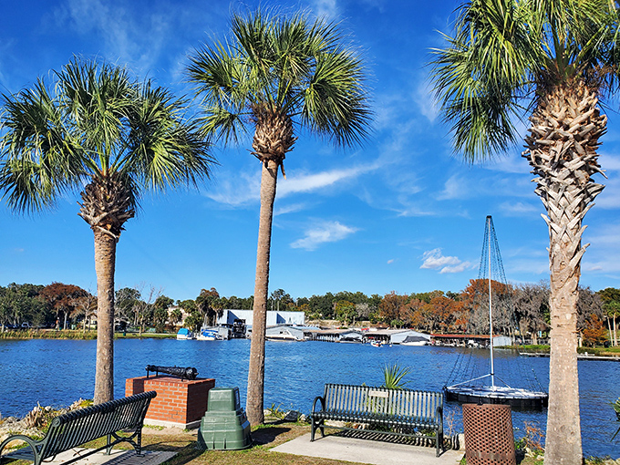 Palm trees frame waterfront benches that practically beg visitors to sit awhile and watch the world float by.