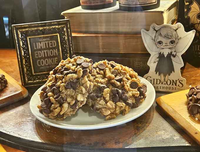 Gideon's Bakehouse cookies stacked like delicious monuments to excess, each one large enough to share but good enough that you probably won't want to.