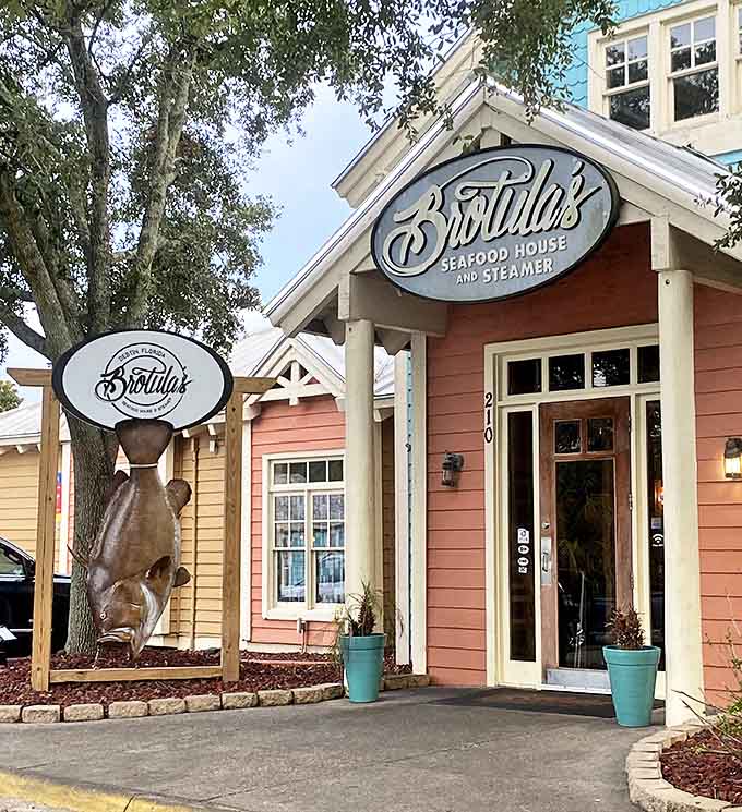 The welcoming entrance to Brotula's features a distinctive fish sculpture &ndash; a fitting guardian for this temple of seafood excellence.