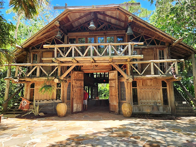 The historic Hall of Giants stands as a cathedral to nature, where massive wooden beams frame Florida's botanical treasures.
