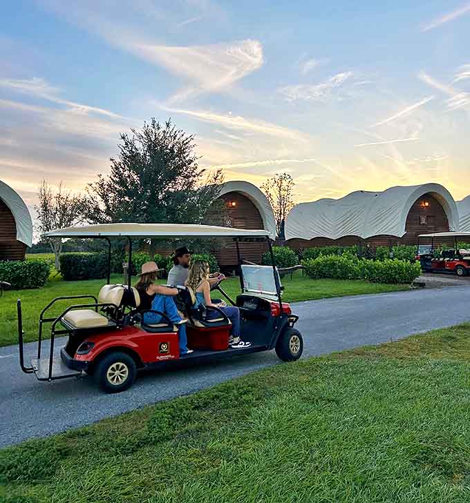 Golf carts are the modern steed of choice for exploring 1,700 acres of ranch land without breaking a sweat or your vacation spirit.