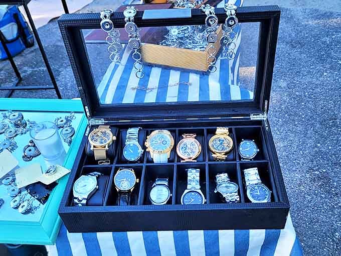 Time stands still at this elegant watch display, where vintage timepieces and modern collectibles tick away, waiting for their next wrist to adorn.