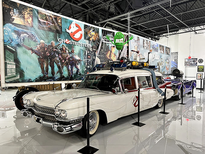 Who ya gonna call? The Ghostbusters' Ecto-1 stands ready for paranormal action, its iconic equipment rack and vintage ambulance styling instantly recognizable.