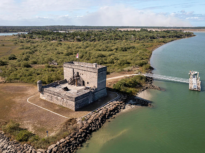 Fort Matanzas stands sentinel where land meets sea, a coquina guardian watching over A1A travelers since colonial times.