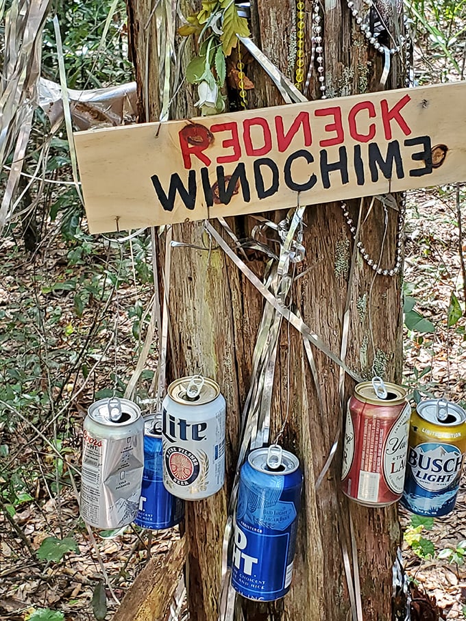 Homemade "Redneck Windchimes" add a touch of Florida humor to the fairy landscape, proving magic comes in unexpected packages.