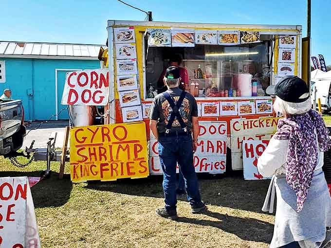 Hungry treasure hunters refuel at colorful food carts offering everything from gyros to corn dogs &ndash; because bargain hunting requires serious energy!