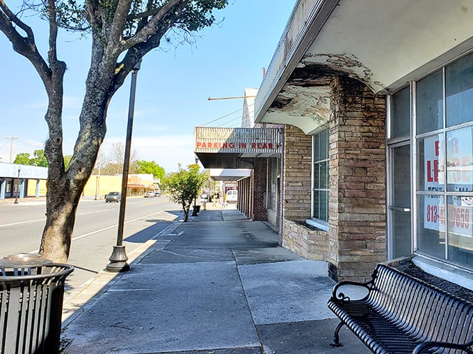 Empty benches await storytellers and people-watchers along Dade City's charming main street shopping district.