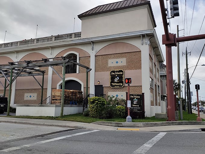 San Sebastian Winery's elegant exterior brings a touch of Mediterranean style to St. Augustine's historic streets, promising sophisticated sips inside.