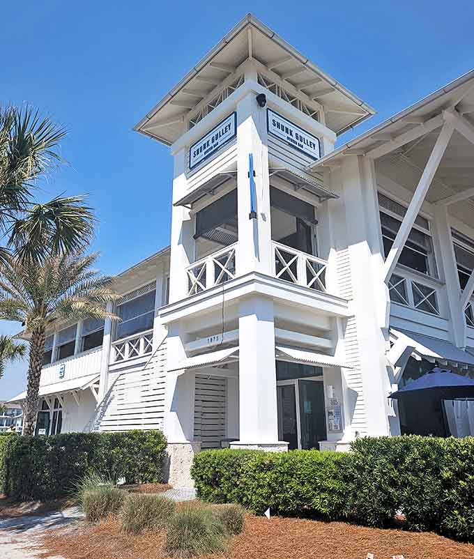 The striking white coastal design of Shunk Gulley Oyster Bar makes it an architectural standout in Santa Rosa Beach.
