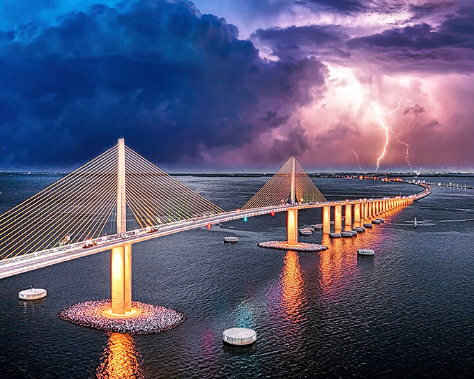 Nature occasionally adds its own dramatic lighting, with storm systems creating spectacular backdrops that highlight the bridge's defiant stance against the elements.