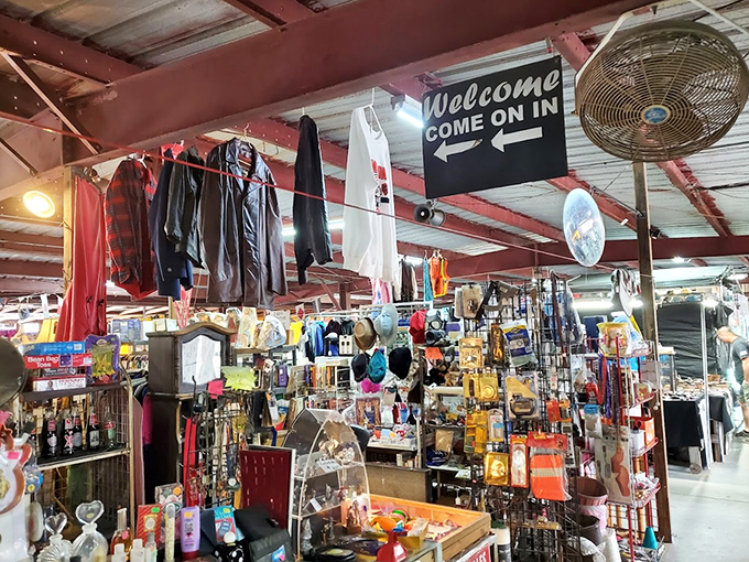 Welcome beckons shoppers into this sensory overload of merchandise, where vintage clothing dangles from above and trinkets fill every available space.
