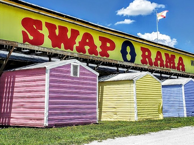 Swap-O-Rama's colorful welcome sign stands guard &ndash; promising adventures in commerce behind its cheerful facade.