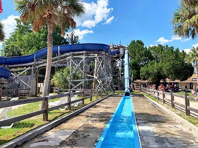 Slide: The water slide delivers squealing riders into the spring's refreshing embrace &ndash; a perfect marriage of manufactured fun and natural splendor.