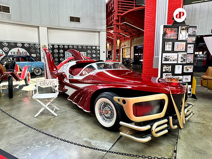 Elvis may have left the building, but his custom show car remains &ndash; this flamboyant red creation with gold accents screams rock 'n' roll royalty.