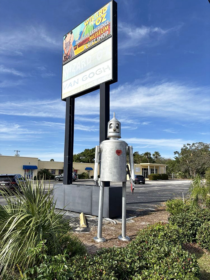The Tin Man stands guard outside, welcoming visitors without saying a word, which is probably for the best since he'd just ask for oil anyway.