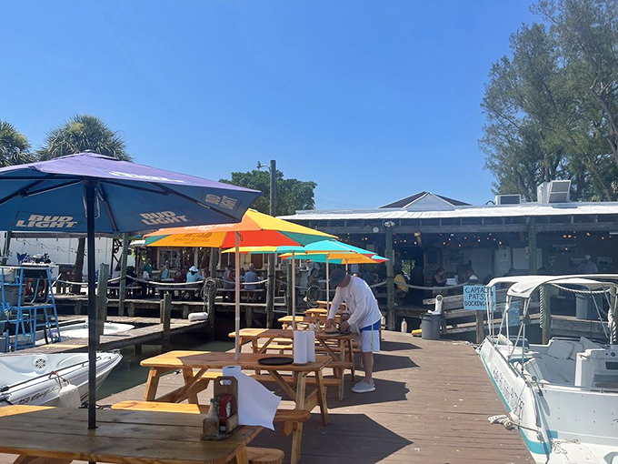 Dockside dining where every table comes with a water view and the gentle soundtrack of lapping waves against weathered wood.