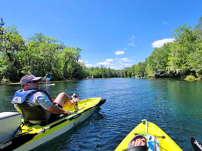 Kayaking here means gliding over water so clear you can see your own reflection judging your paddling technique from below.