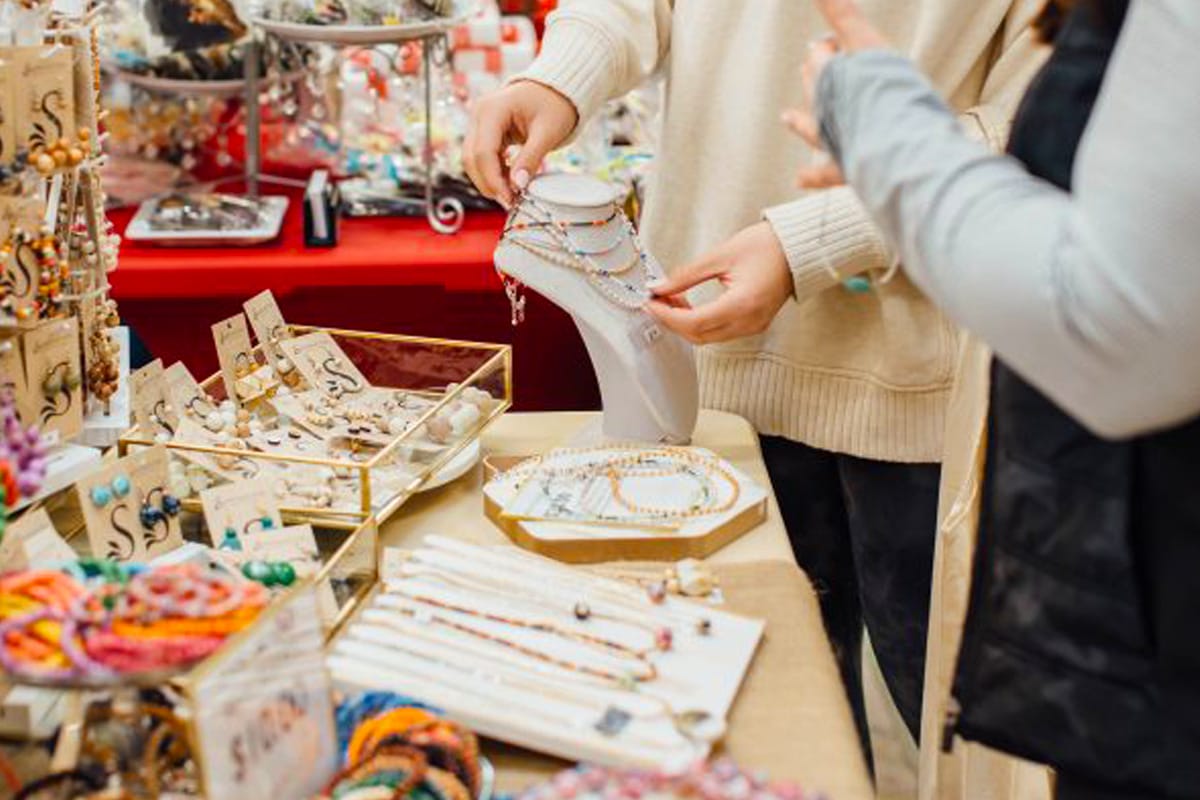 a display of homemade crafts
