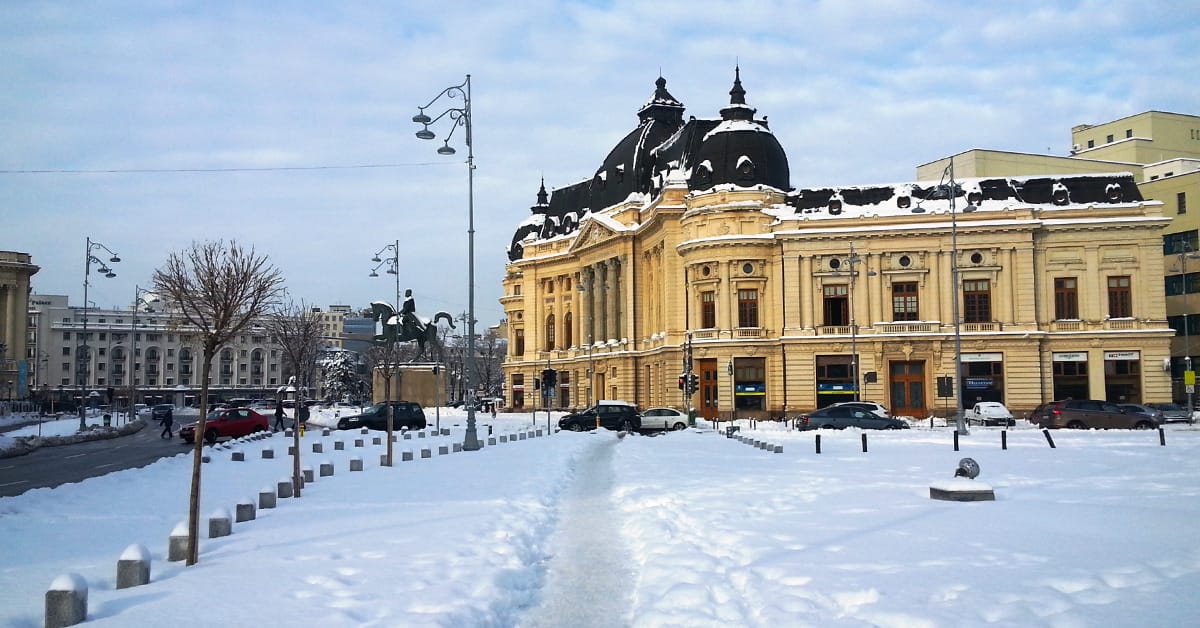 A snowy road in Bucharest.
