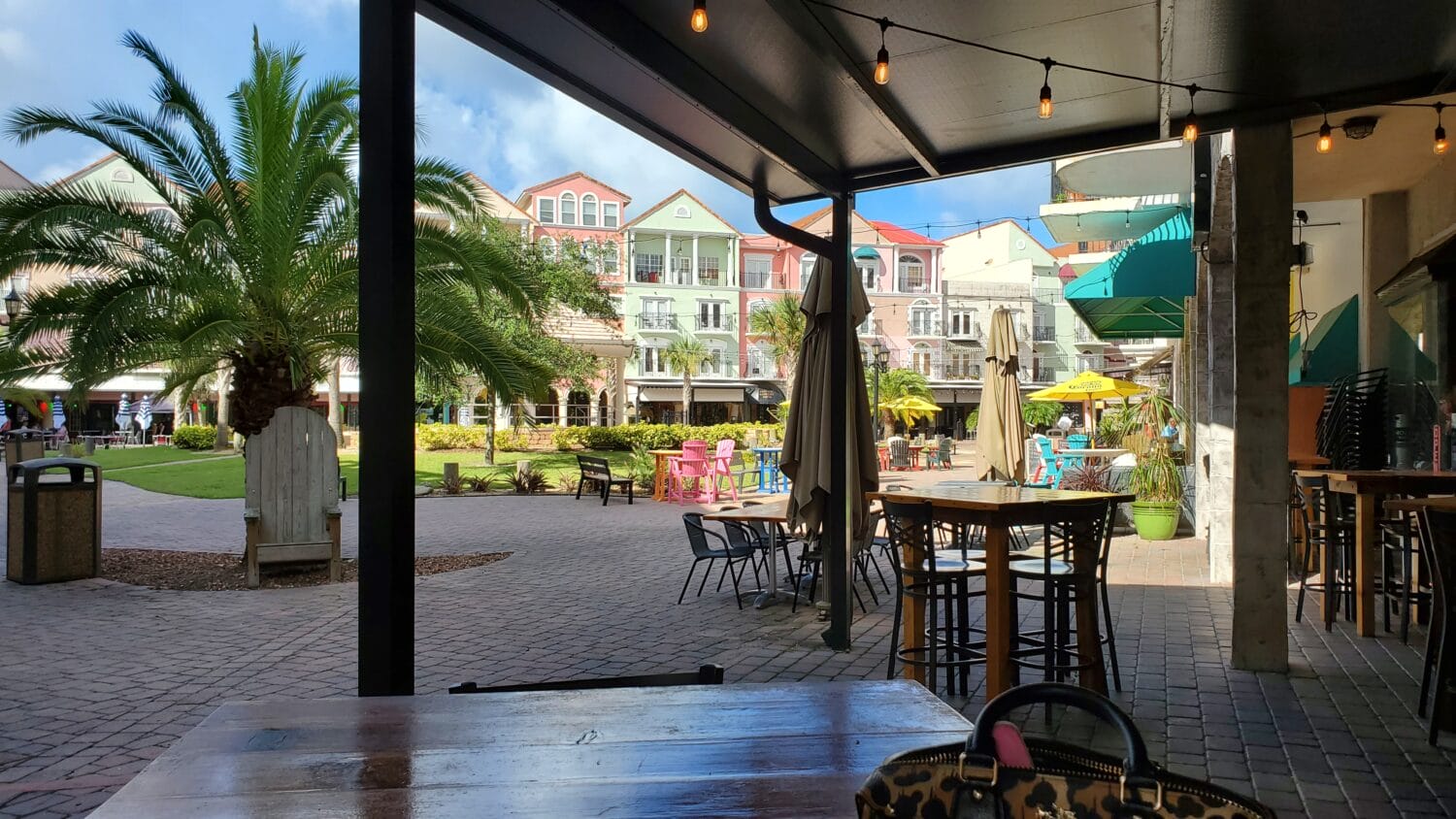 A view from a restaurants overlooking the colorful buildings.