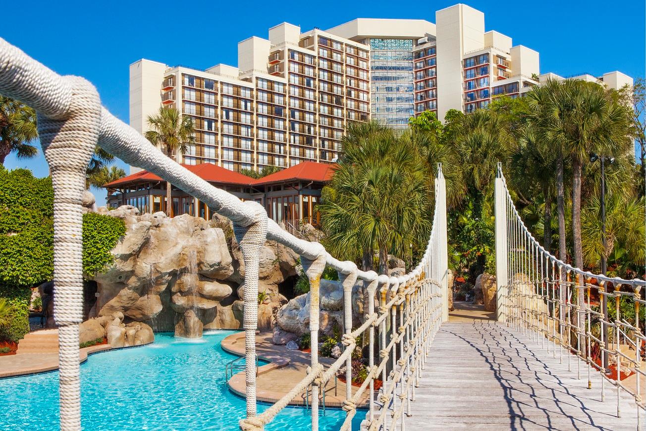 A view from the rope bridge overlooking the hotel