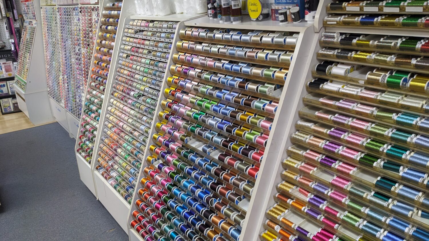 A wide selection of colorful threads.