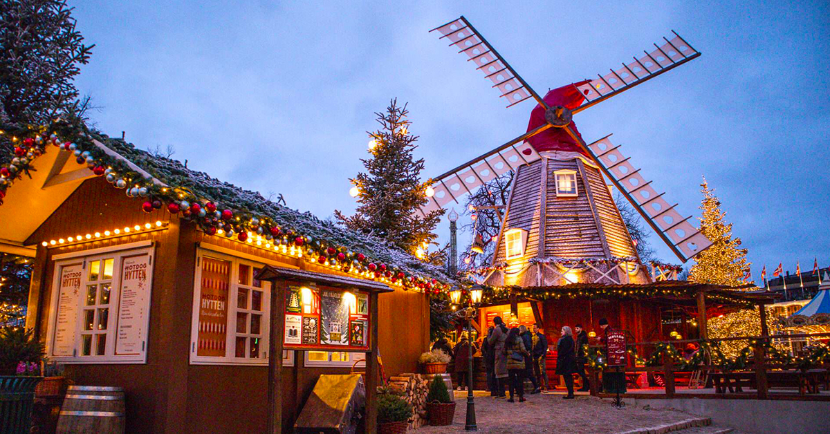 A windmill with holiday decorations in Copenhagen.